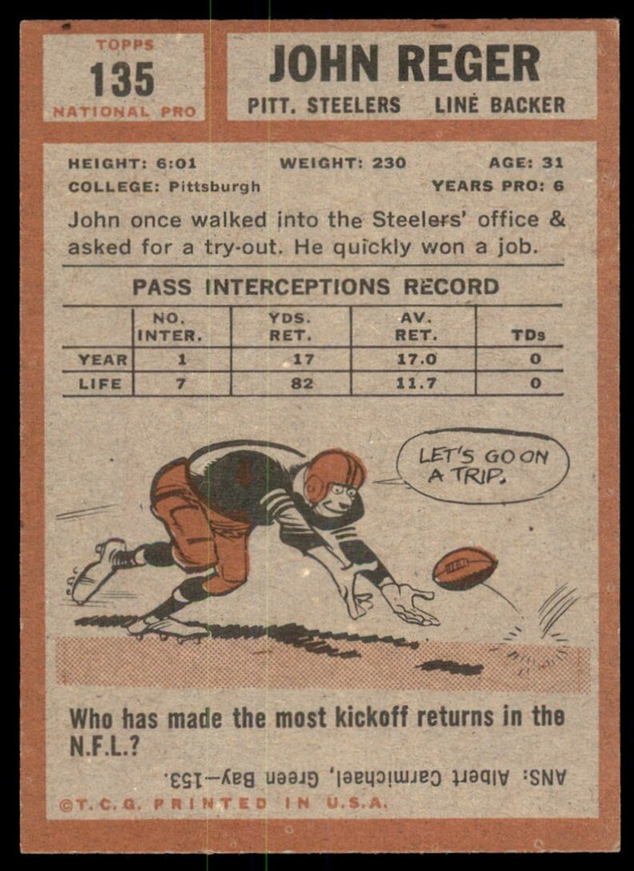1962 Topps Football John Reger Pittsburgh Steelers #135 | eBay