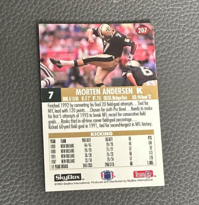 1993 SkyBox Impact Football Card #207 Morten Andersen Saints HOF Kicker ...