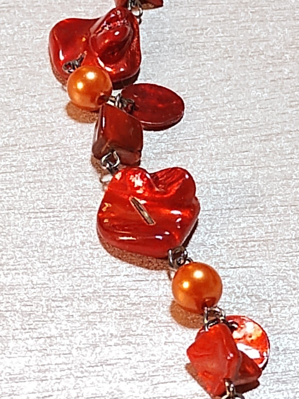 Gorgeous Textured Red Glass & Peach Pearls Necklace, … - Gem
