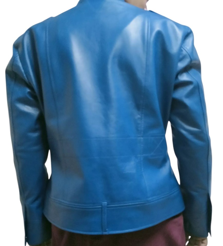 New Women's Blue Leather Jacket 100% Real Lambskin Causal Slim Fit Coat ...