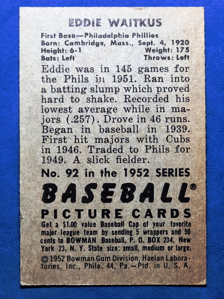 1952 Bowman Baseball – Eddie Waitkus 92 – Set Breakup - Clean Card ...