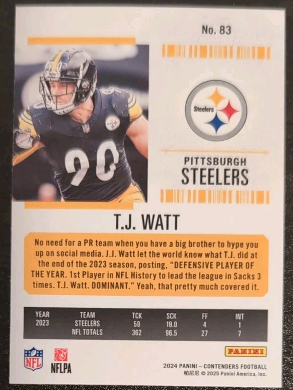T.J. Watt #83 2024 Panini Contenders Football Season Ticket Pittsburgh ...