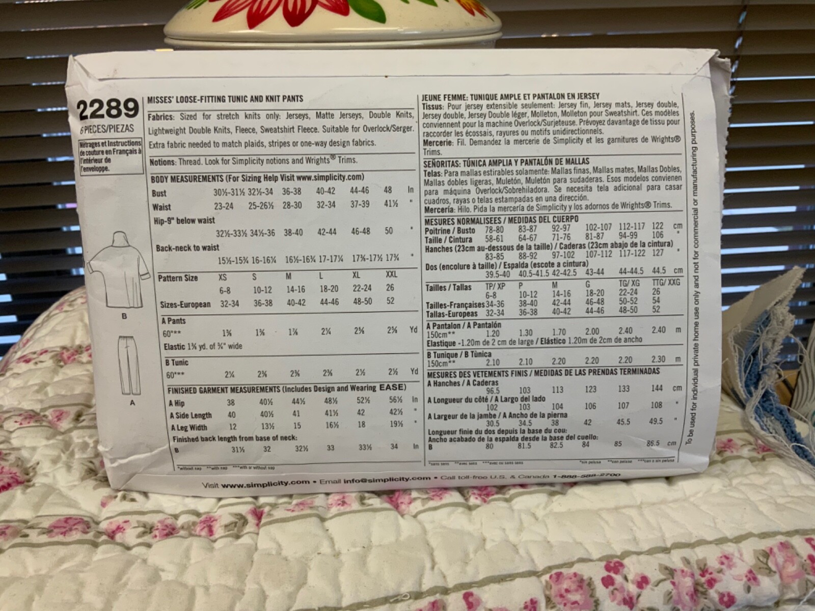 Simplicity 2289 Misses Patty Reed Tunic Knit Pants Sewing Pattern Sz 6 ...