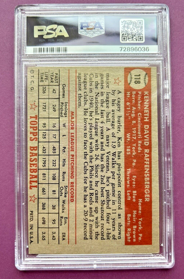 1952 Topps Baseball Set Break #118 Ken Raffensberger Red Back PSA 5 EX ...