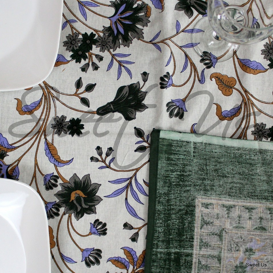 Cotton Floral Tablecloth Rectangle White Brown Green Blue Kitchen Linen ...