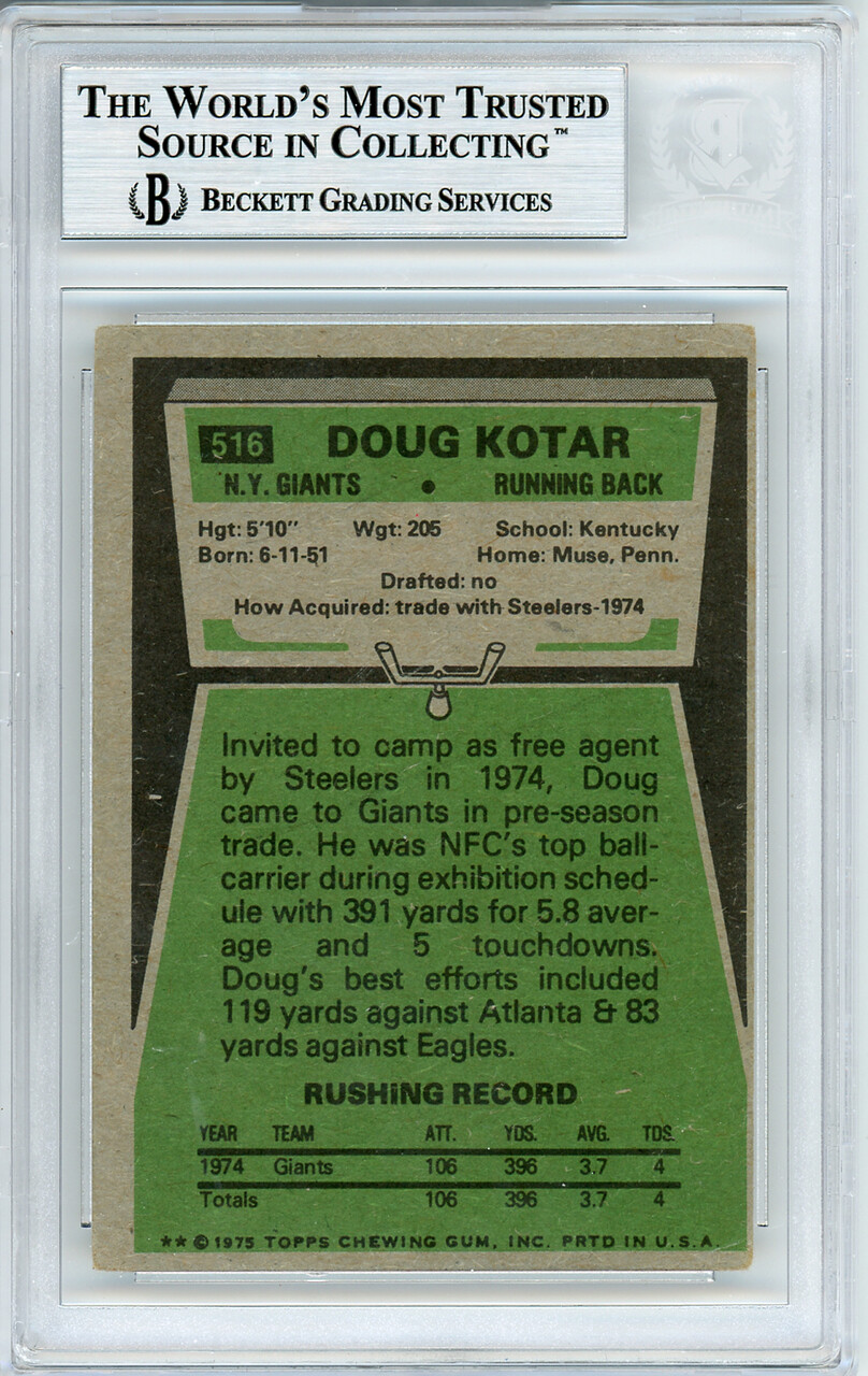 Doug Kotar Autographed 1975 Topps Rookie Card #516 Giants Beckett ...