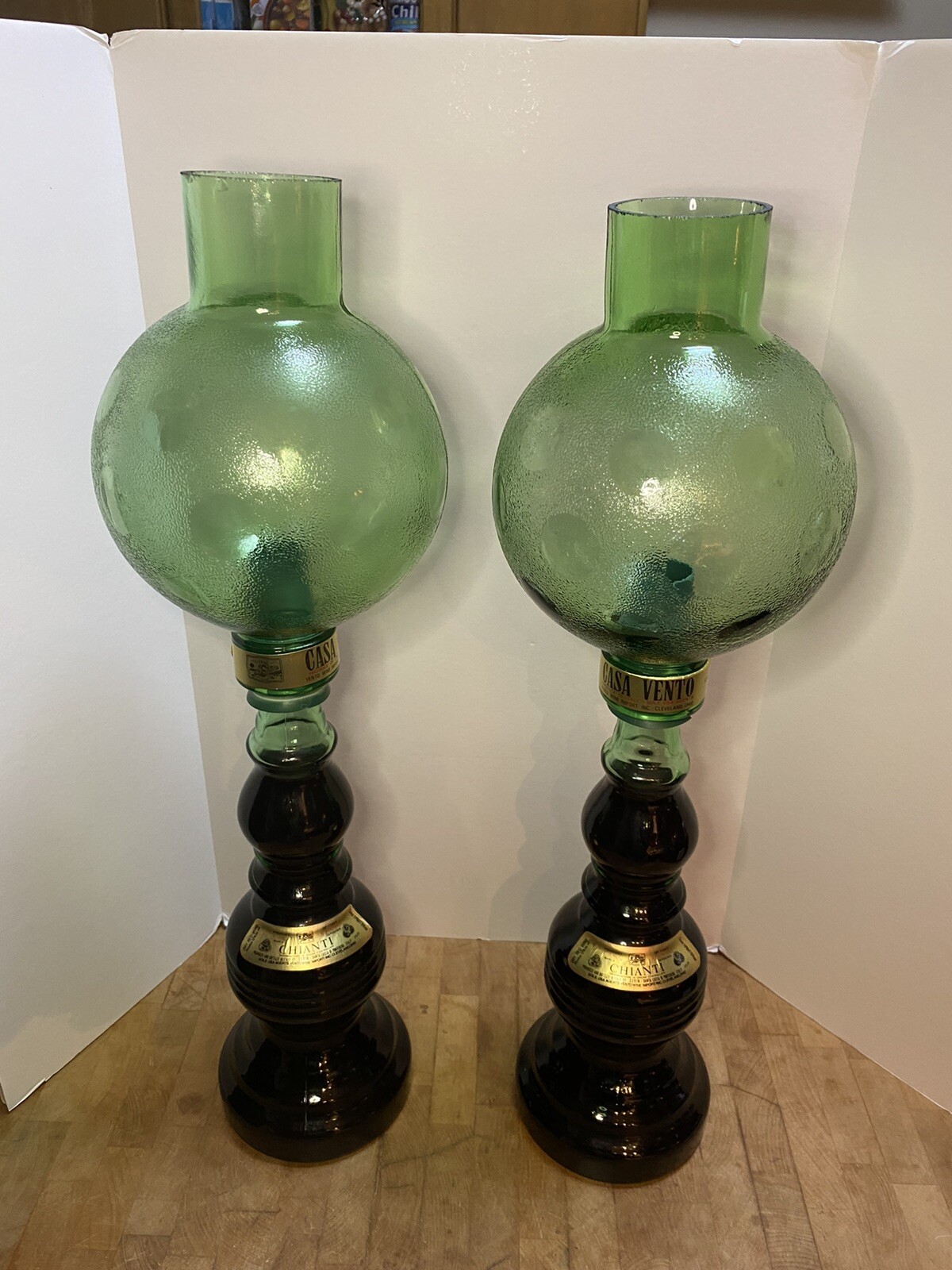 Pair 20” Vintage Chianti Wine bottle Glass lamps Candle Holders 70’s ...