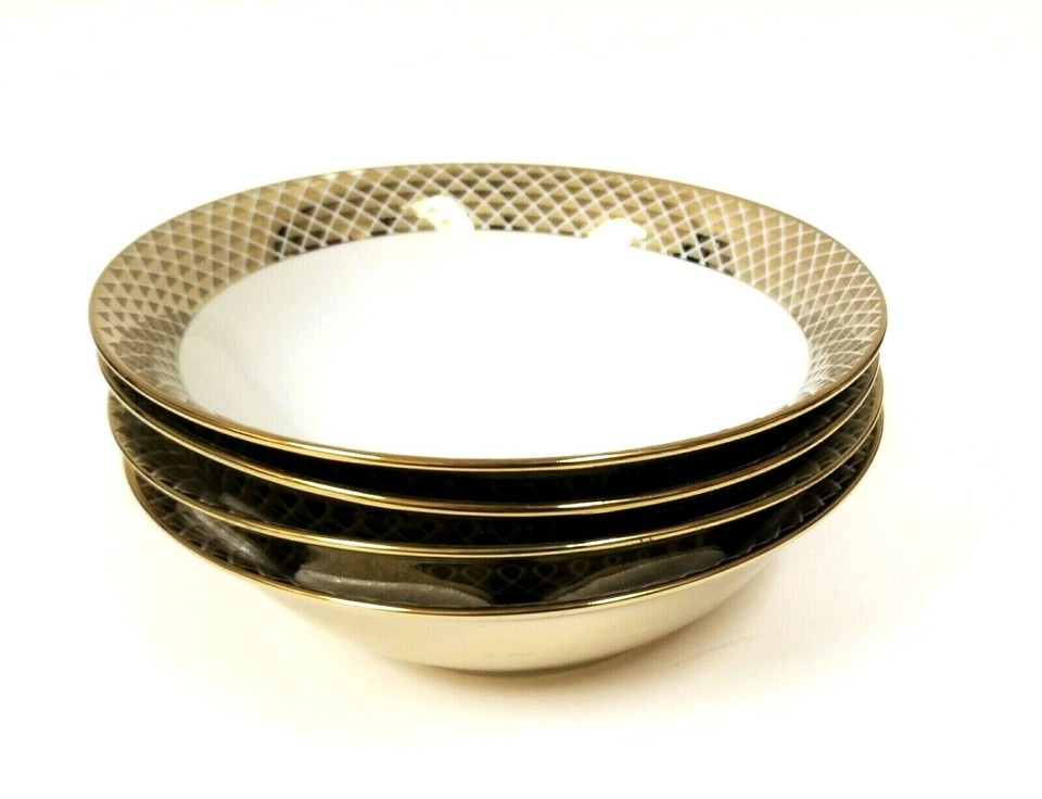 LUXE SET OF 4 PORCELAIN METALLIC GOLD DIAMOND PATTERN DINNER,SALAD ...