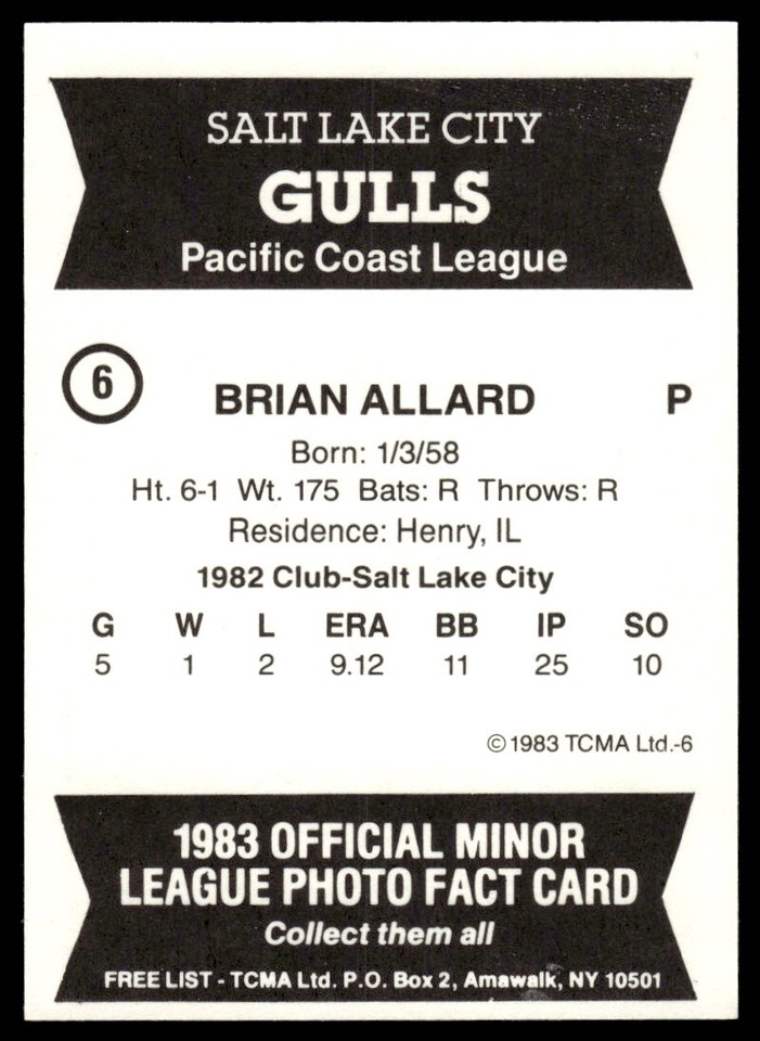 1983 TCMA Salt Lake City Gulls Brian Allard Salt Lake City Gulls #6 | eBay