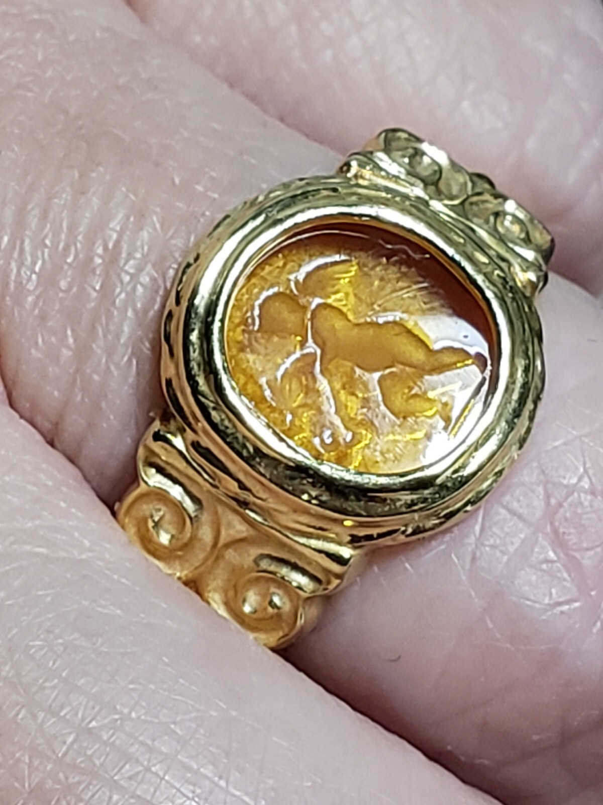 18 Karat Yellow Gold Italian Intaglio Cupid Venetian Glass Ring Size 6. ...
