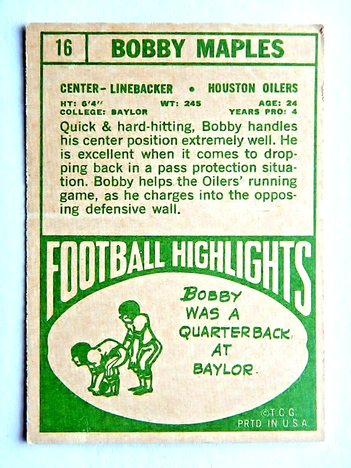 Bobby Maples #16 Topps 1968 Football Card (Houston Oilers) *VG | eBay