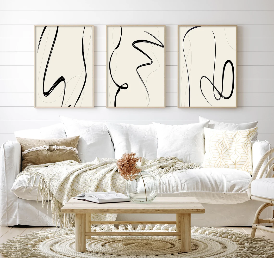 Set of 3 Minimalist Black and Beige Line Modern Abstract Wall Art, Home ...