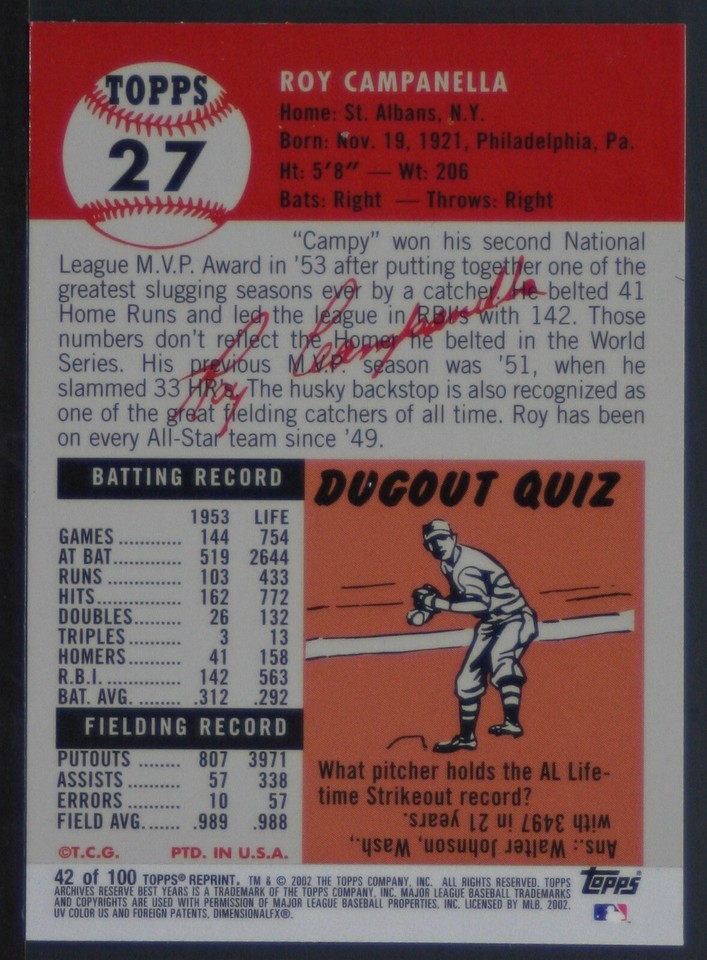 2002 Topps Archives Reserve Reprint Roy Campanella #42 Brooklyn Dodgers ...