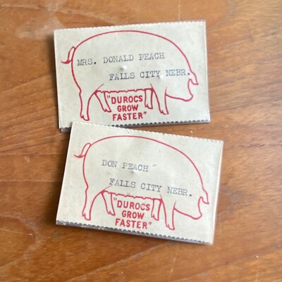 2 Vintage Name Tags Durocs Pigs Grow Faster Advertising Farmer and Wife ...