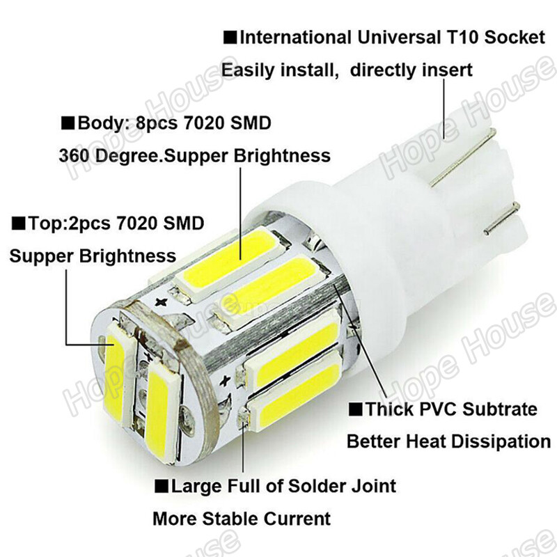 8PCS White T10 7020 10-LED Bulb Car W5W Wedge Dash Roof Stop Parker ...