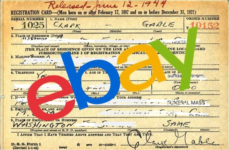 CLARK GABLE WW2 Draft Registration Card WORLD WAR II Gone With The Wind ...