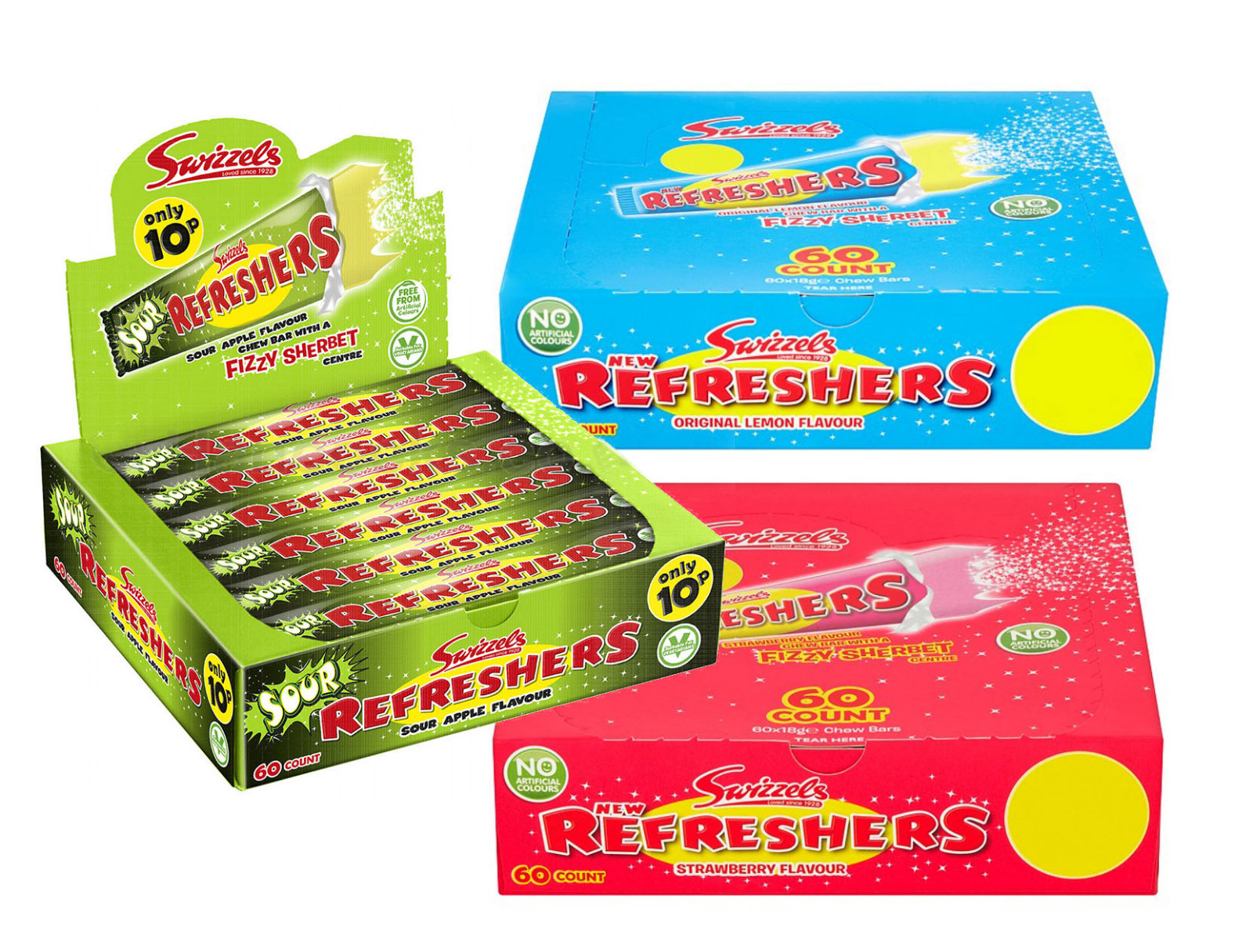 Swizzels Box Of 60 Refreshers Strawberry / Original / Lemon Chew Bars ...