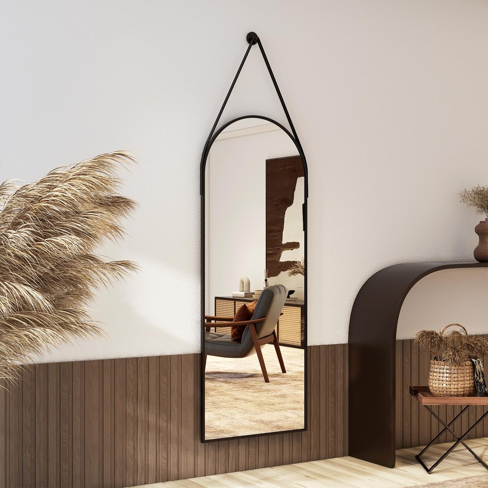 48''x16'' Arched Wall Mirror Full Lengthr with Hanging Mirror Leather ...