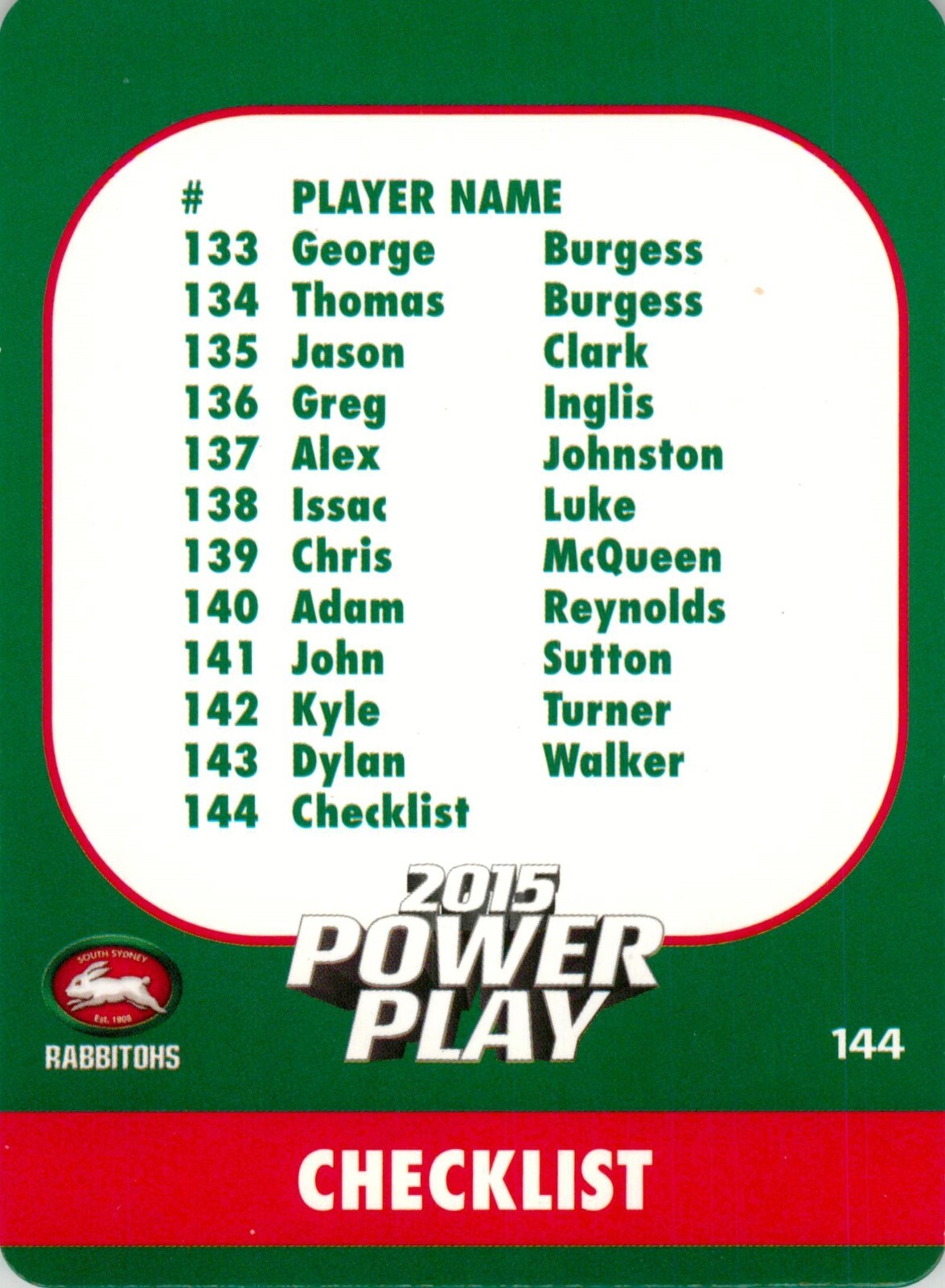 2015 South Sydney Rabbitohs NRL ESP Power Play Card - Club Logo | eBay