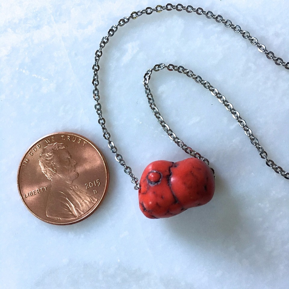 Red Howlite Necklace Nugget-Shaped Stone Pendant-22" Stainless Steel ...