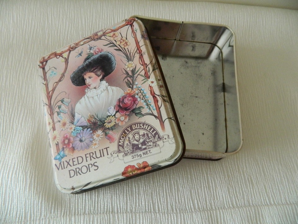Vintage MOLLY BUSHELL Tin Box MIXED FRUIT DROPS 1982 Australia | eBay ...