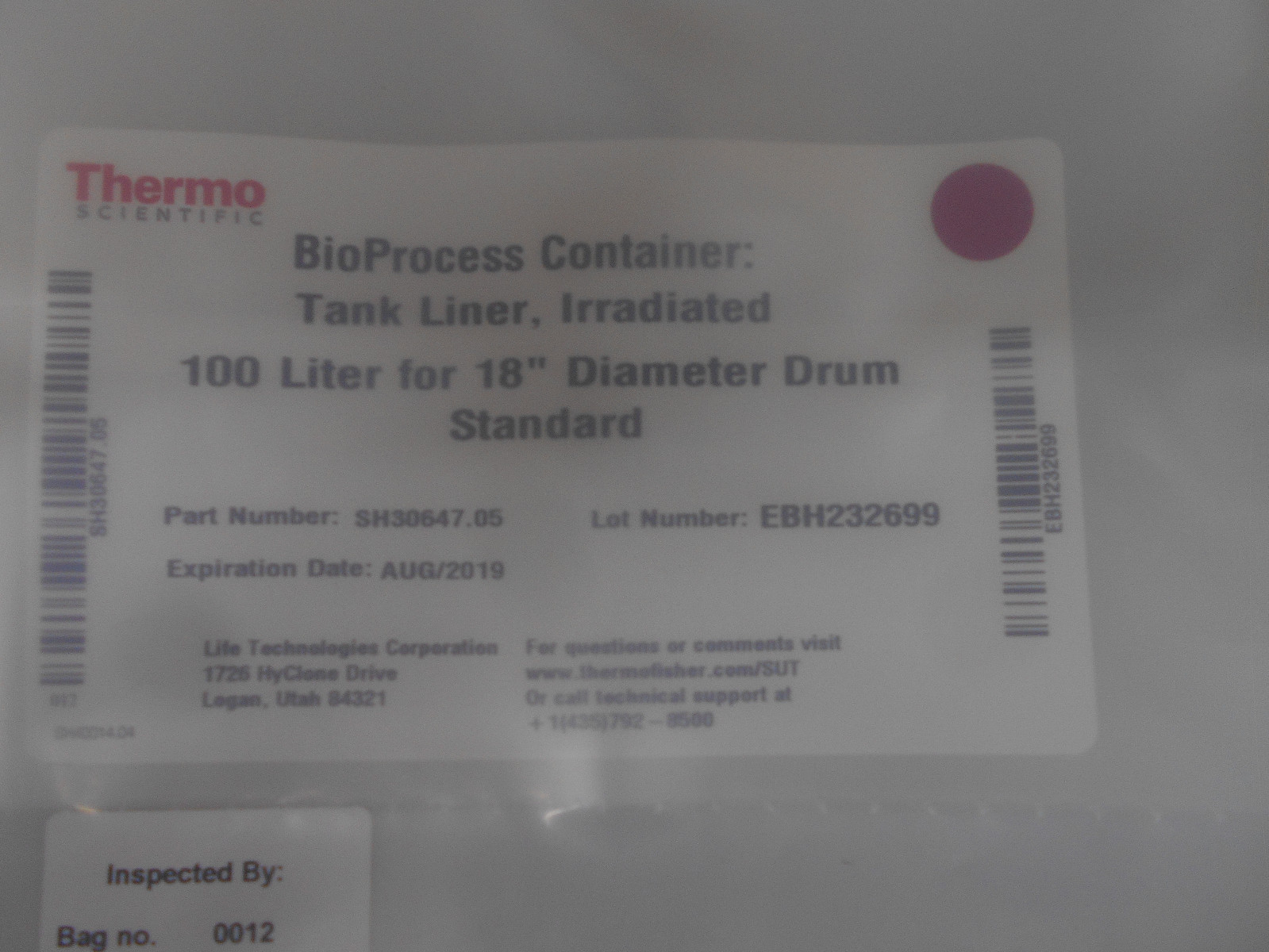 THERMO SCIENTIFIC SH30647.05 BIOPROCESS TANK LINER 100 LITER 18" DIA ...