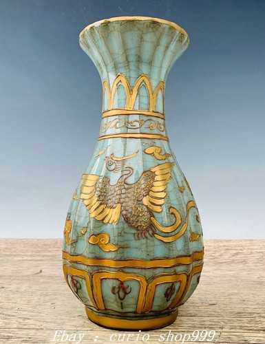 10" Song Dynasty Ru Kiln Porcelain Gilt Fengshui Phoenix Bird Animal ...