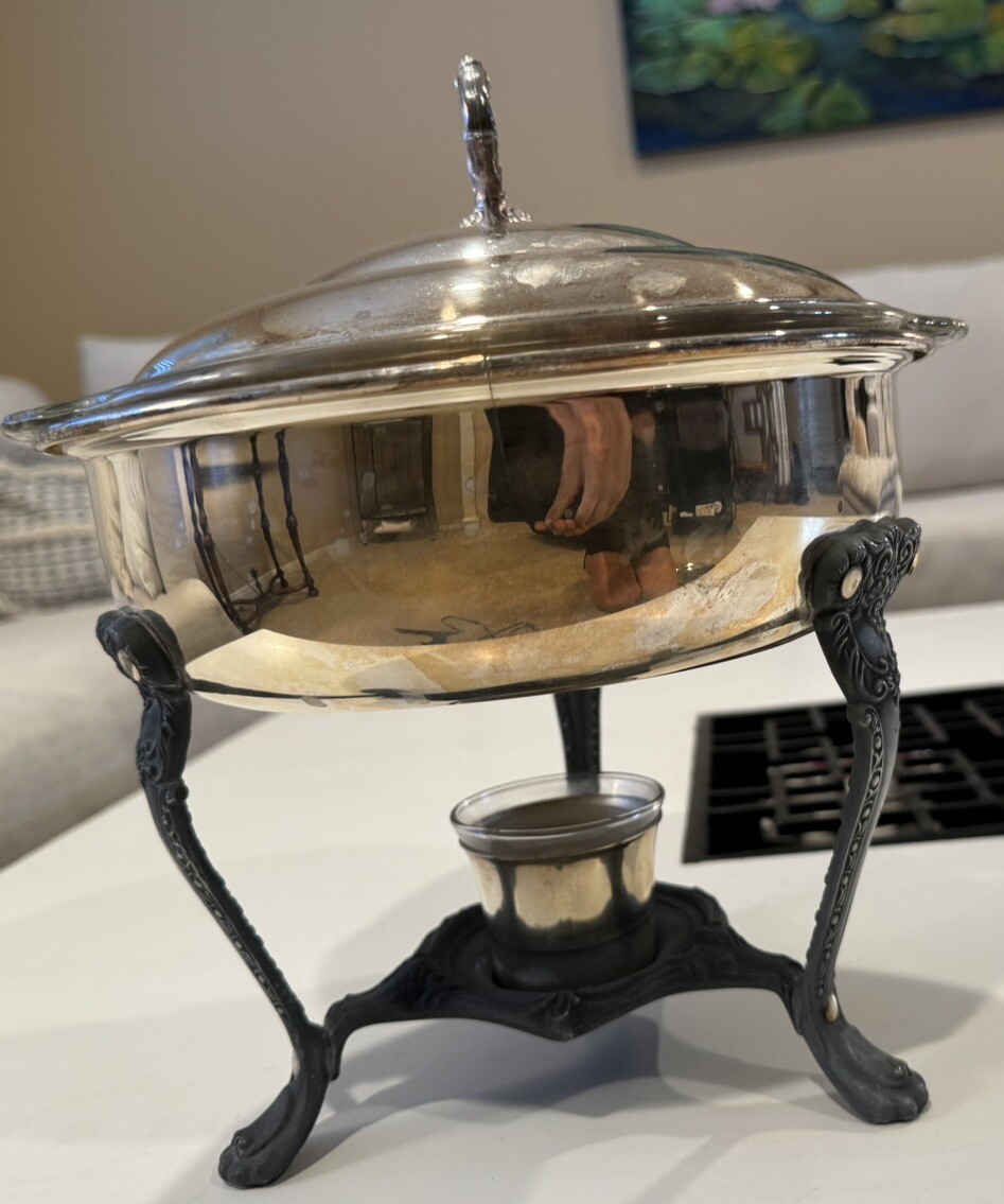 SILVER CHAFING DISH -SHERIDAN SILVER- w/ Candle & ANCHOR HOCKING Glass ...