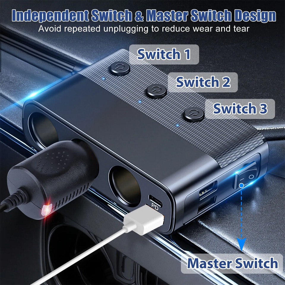 Multiple Cigarette Lighter Adapter Outlet 3Socket Splitter Multi USB ...