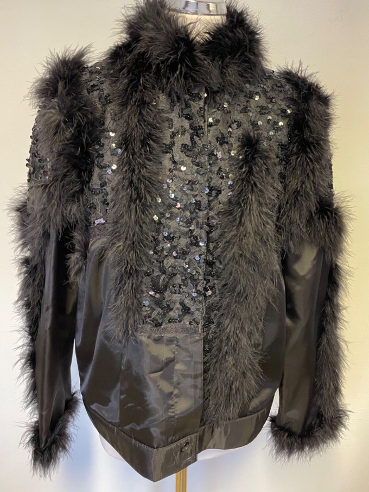 MARIELLE BLACK TAFFETA SEQUIN & FUR TRIMMED LONG SLEE… - Gem