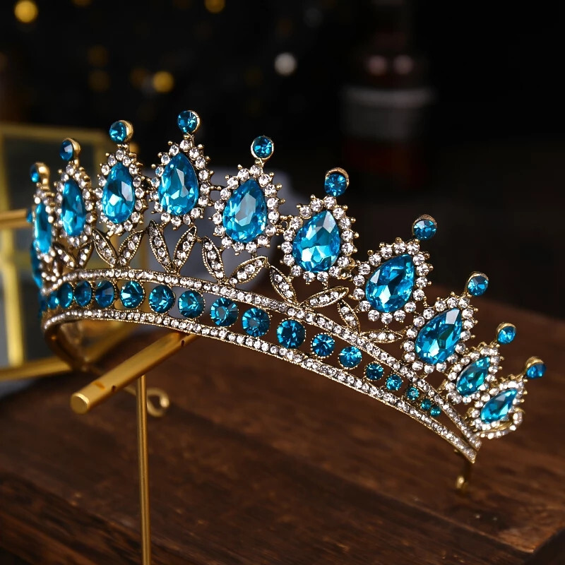 Vintage Silver Blue Crown Tiara real metal gift birthday diadem Aqua ...