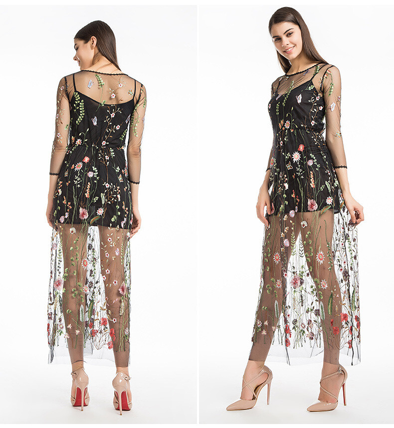 Women Embroidered Gauze Lace Floral Sheer Mesh Cocktail Evening Party ...