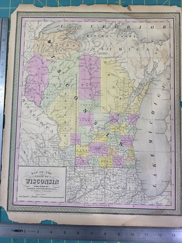 1850 Early Wisconsin state Map, Cowperthwait hand colored map | eBay