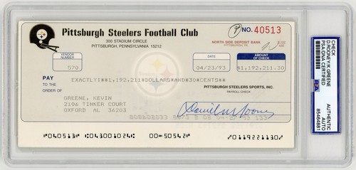 Steelers HOF Kevin Greene Dan Rooney Dual Signed Auto 1993 Payroll ...