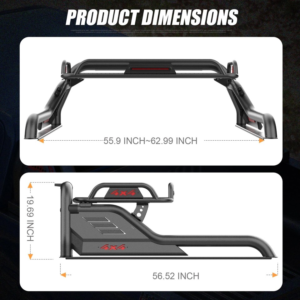 Truck Bed Roll Bar with 350 Lbs Cargo Rack for Mid-Size & Full-Size ...