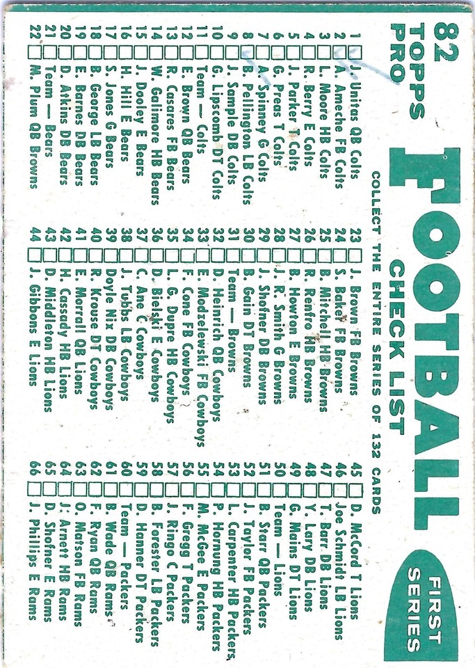 1960 Topps Football Checklist 1-66 New York Giants #82 Vintage w/ Marks ...