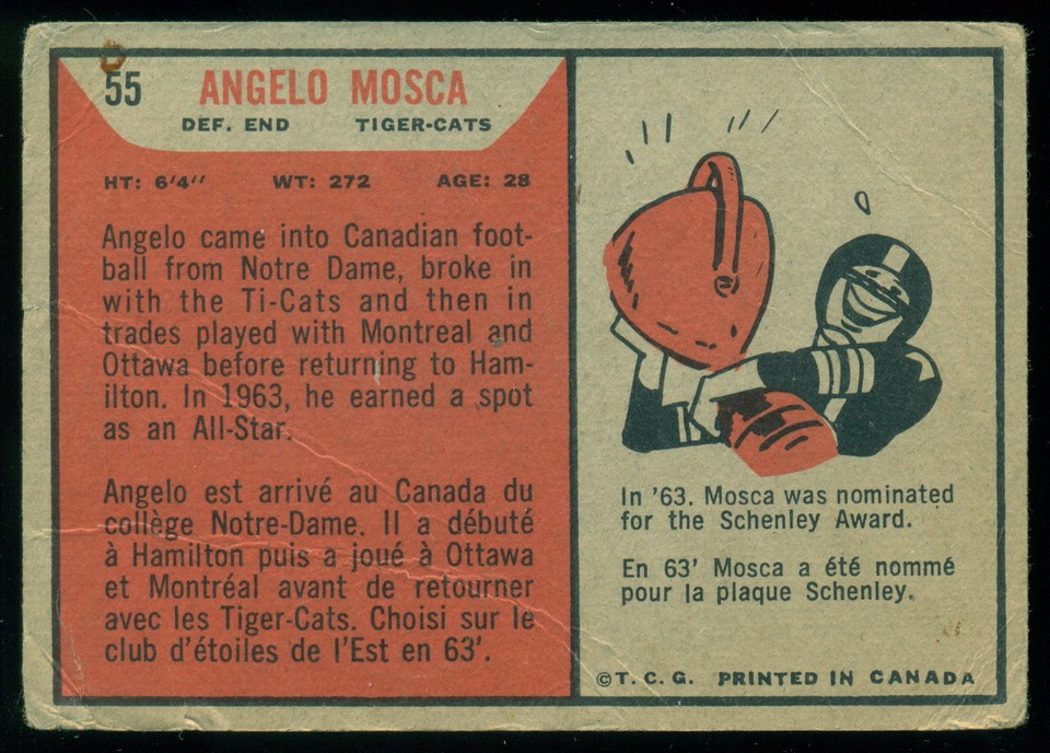 1965 TOPPS CFL FOOTBALL #55 ANGELO MOSCA VG HAMILTON TIGER CATS NOTRE ...