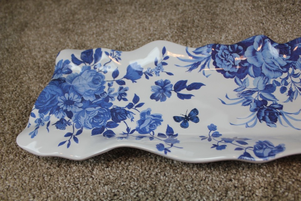 Shabby Chic Blue Rose Butterfly Serving Dish Platter Tray 21" Melamine ...