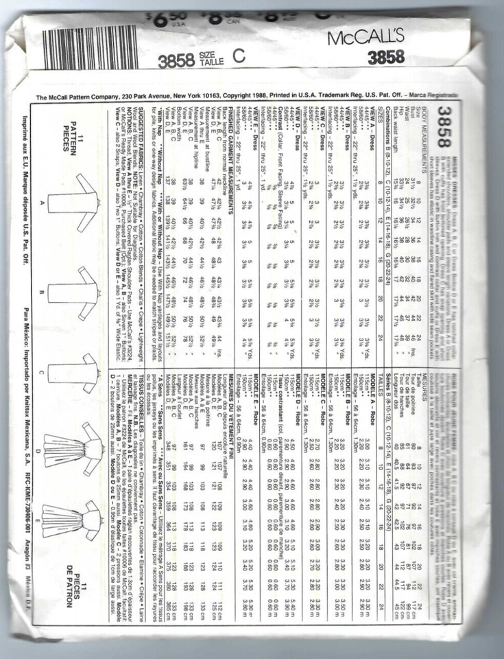 Vtg McCalls 3858 Dresses Pattern Sz 10-14 Dresses In 5 Styles. Very 80s ...