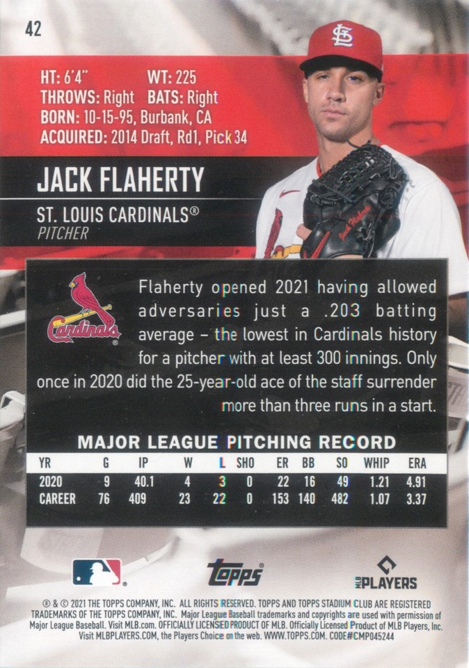 Jack Flaherty 2021 Topps Stadium Club Baseball Card #42 St. Louis ...
