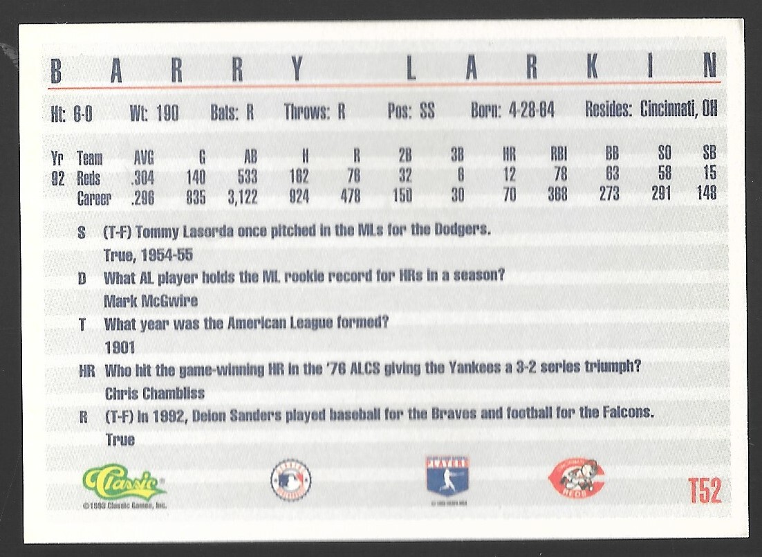 1993 Series Classic Barry Larkin T52 Trivia Game Cincinnati Reds | eBay