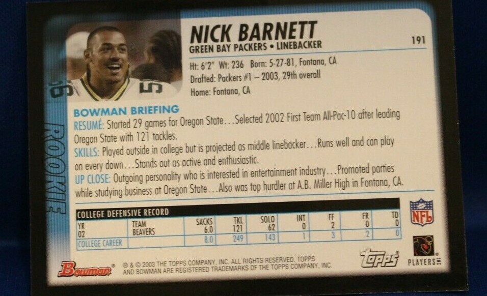 2003 Bowman Football Card Nick Barnett #191 Rookie Card | eBay