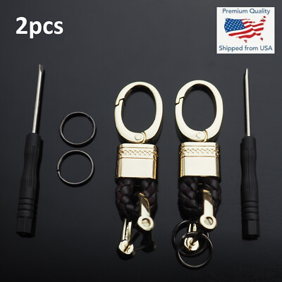 2pcs Brown & Gold Woven Leather Fob D-Ring Keychain Key Split Rings ...