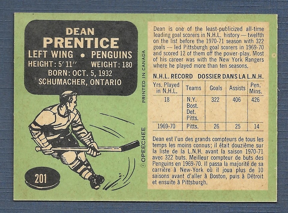 1970-71 1970 OPC O-Pee-Chee Dean Prentice #201 Pittsburgh Penguins NM ...