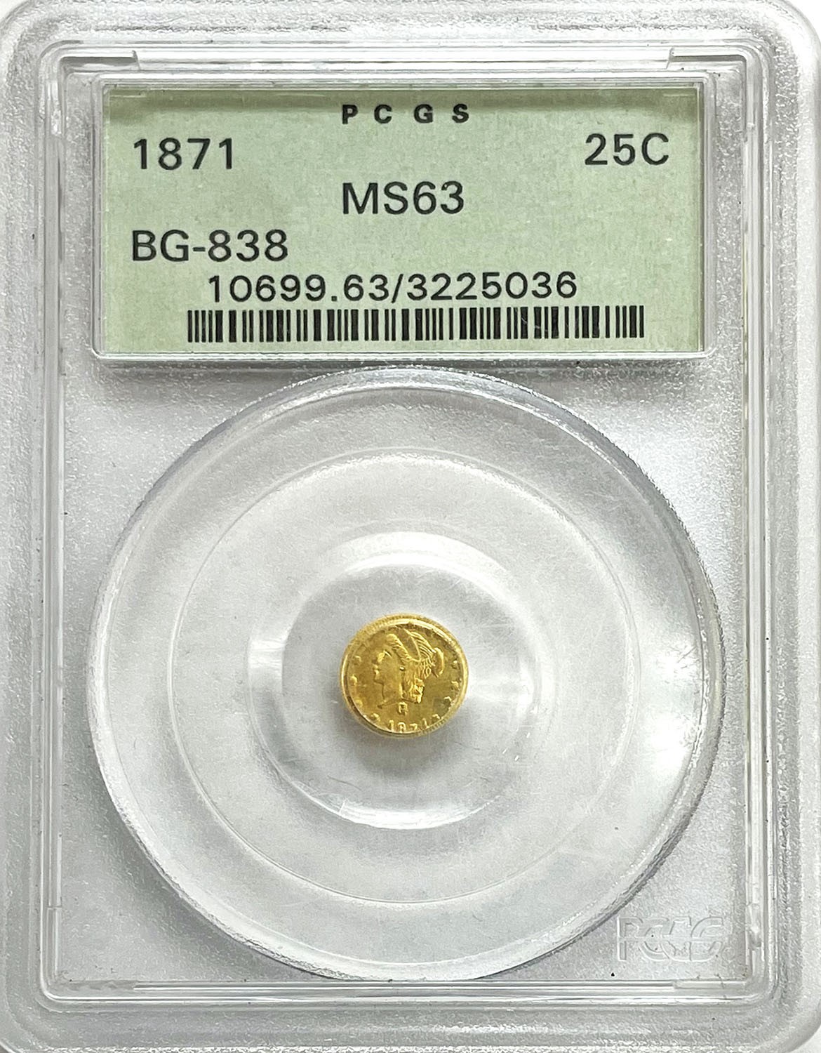 1871 Gold California Fractional 1/4 Dollar Round BG-838 PCGS MS63