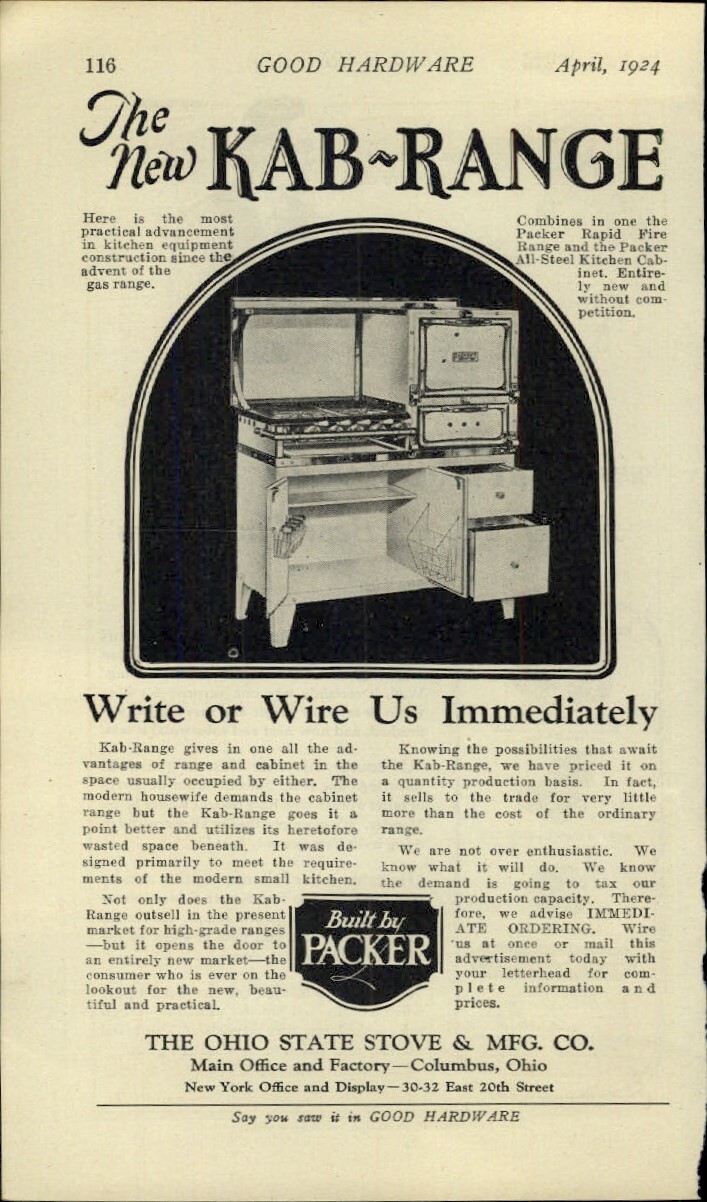 1924 PAPER AD New Kab-Range Ohio State Stove Oven Range Antique Packer ...
