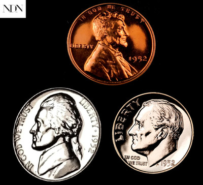 1952 Proof Set - Wheat Cent + Jefferson Nickel + Roosevelt Dime - 3 ...
