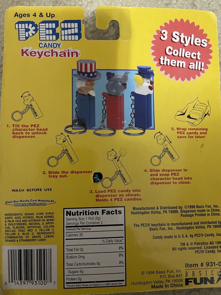 1998 Pez Key Chain with Candy Basic Fun - Uncle Sam- Really Works - NIP ...