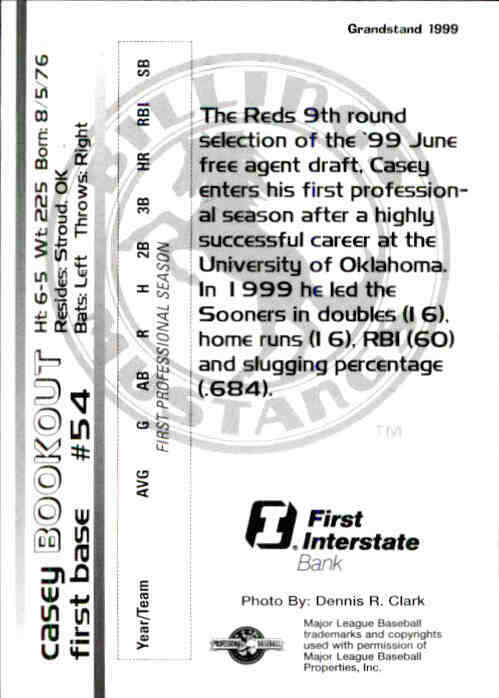 1999 Billings Mustangs Grandstand #1 Casey Bookout Stroud Oklahoma ...