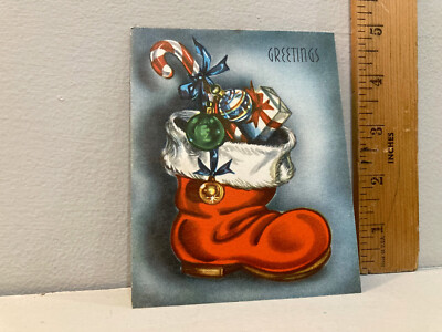Vtg Christmas Card Red Santa Boot Candy Cane Gift Ornaments "Greetings ...